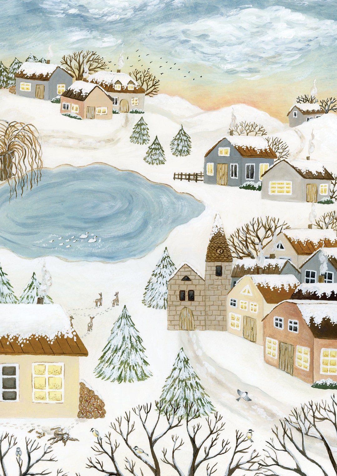 Winter Town Illustration, Woodland Animals Art, Winter Wonderland ...