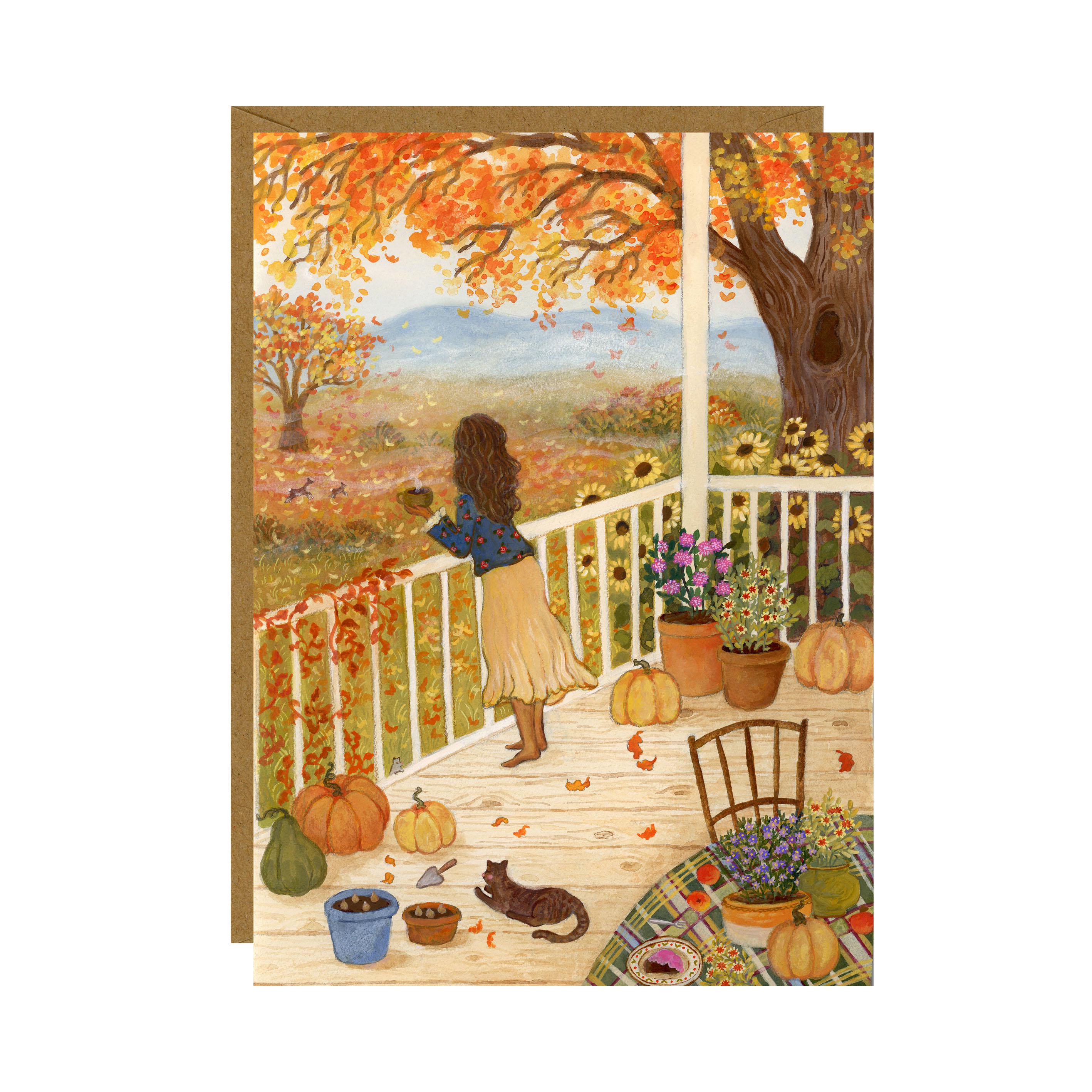 Magic of October Postcard / Greeting Card, Autumn Porch Card, Woodland ...