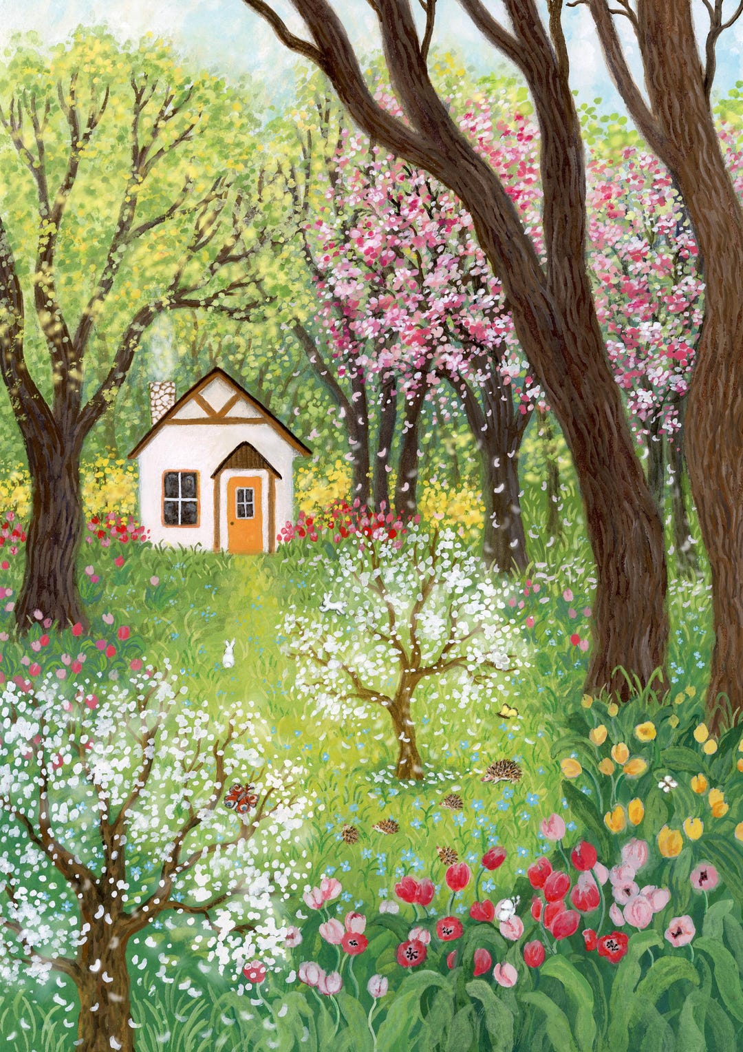 Among the Blossoming Trees Illustration, Cozy Cottage in the Forest ...