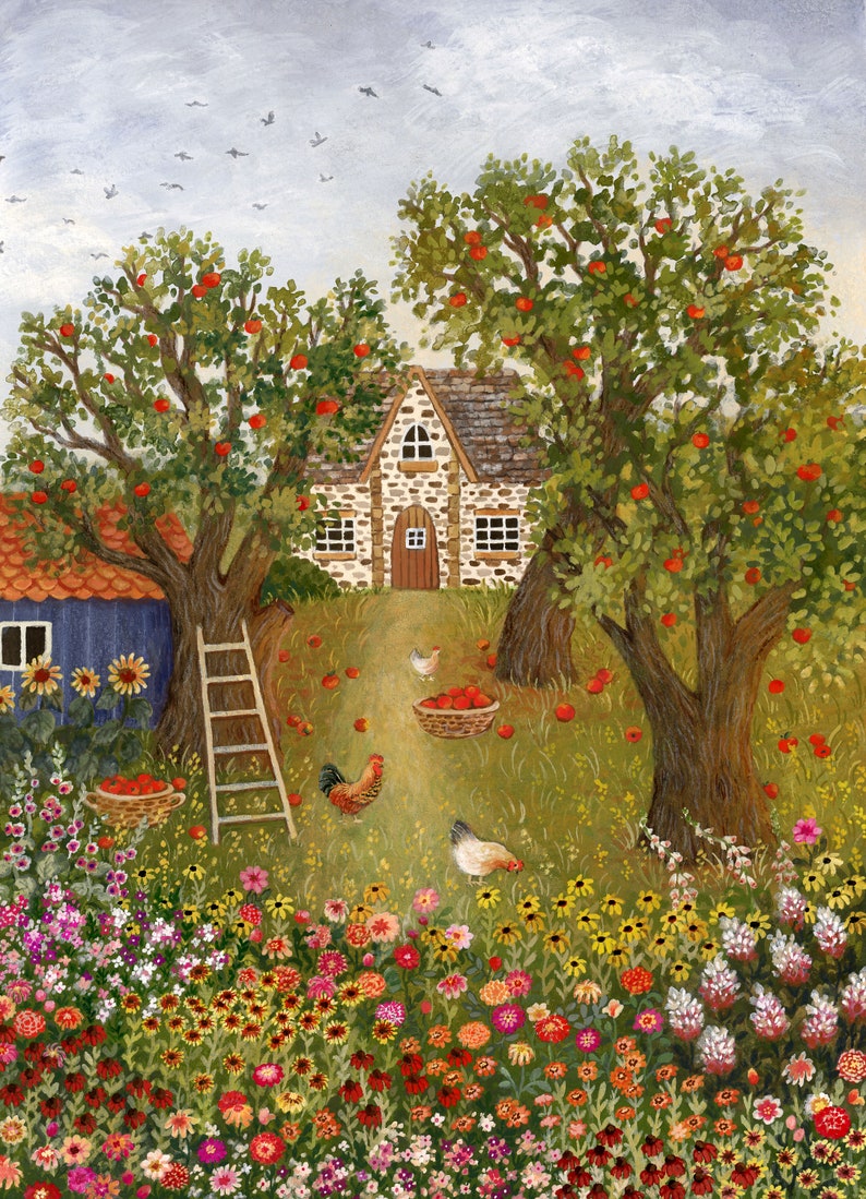 The Cottage Garden Illustration, Autumn Season Wall Art, Harvest Time ...