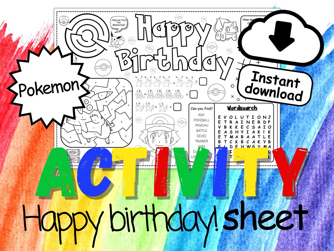Pokemon Birthday Activity Worksheet - Word Search, Maze, Tic-tac-toe ...