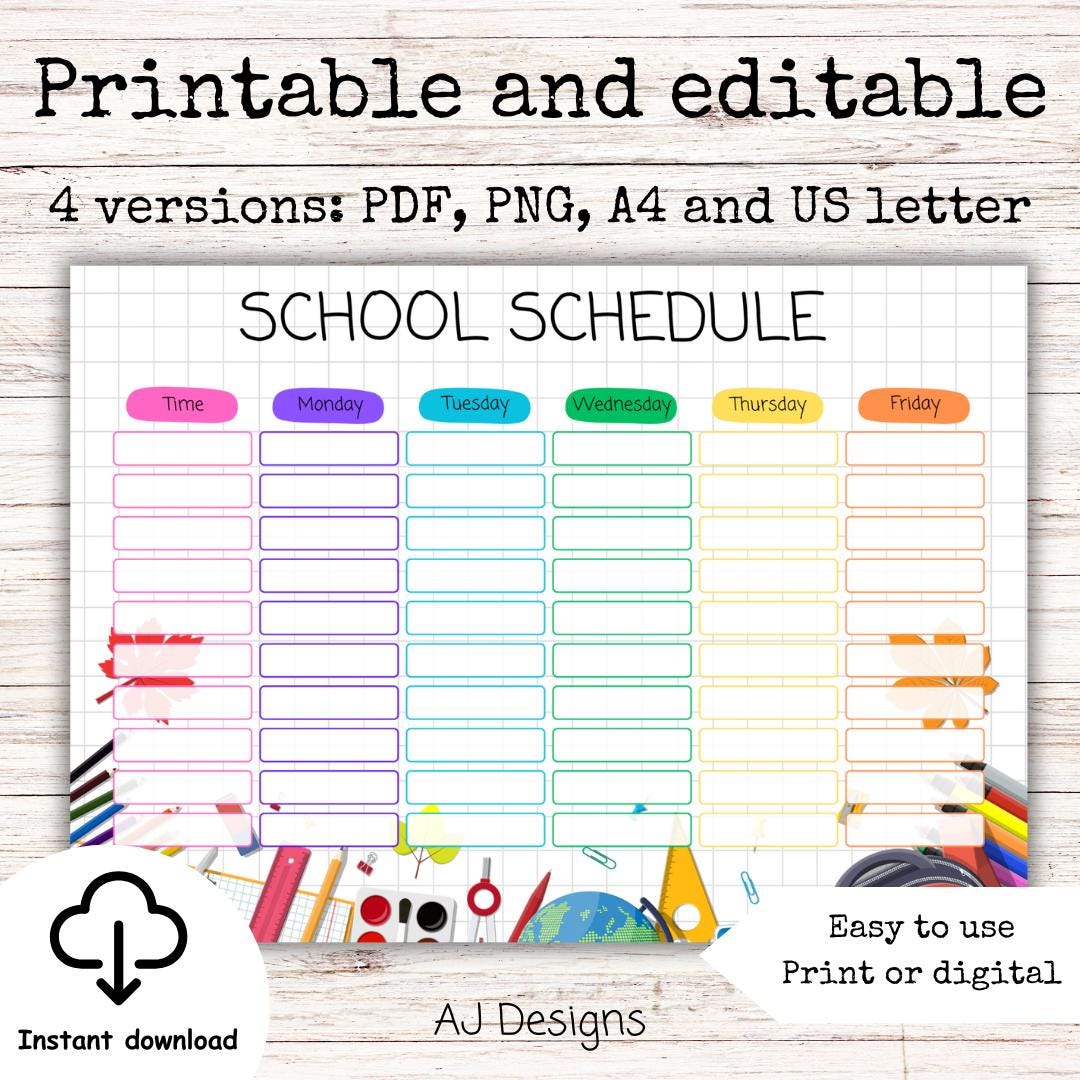 Editable School Schedule Printable - Digital Weekly Planner ...