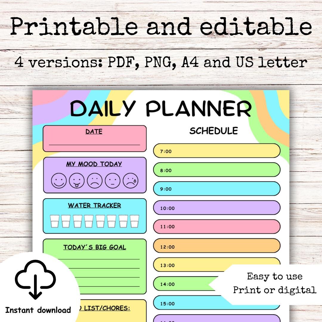 Kids' Daily Planner - Colorful Printable & Editable PDF - Fun Schedule ...
