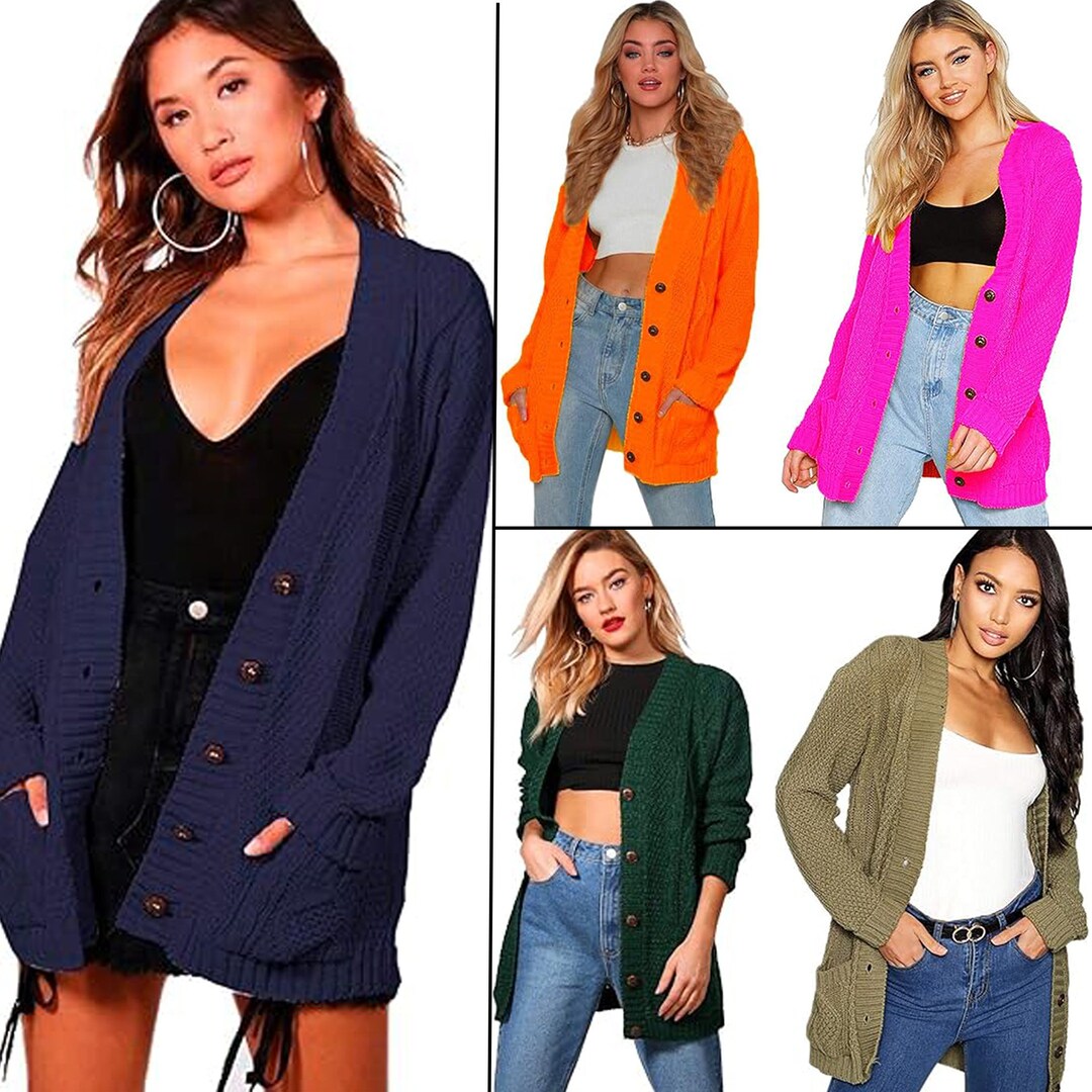 Women's Ladies Chunky Cable Knit Button Cardigan Long Sleeves Grandad ...