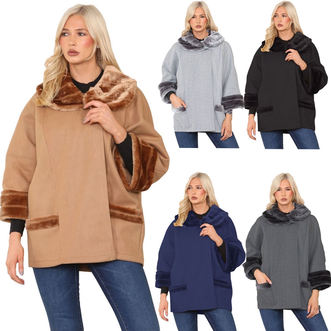 Womens Italian Warm Faux Fur Cape Poncho Coat With Pockets Casual Swing ...
