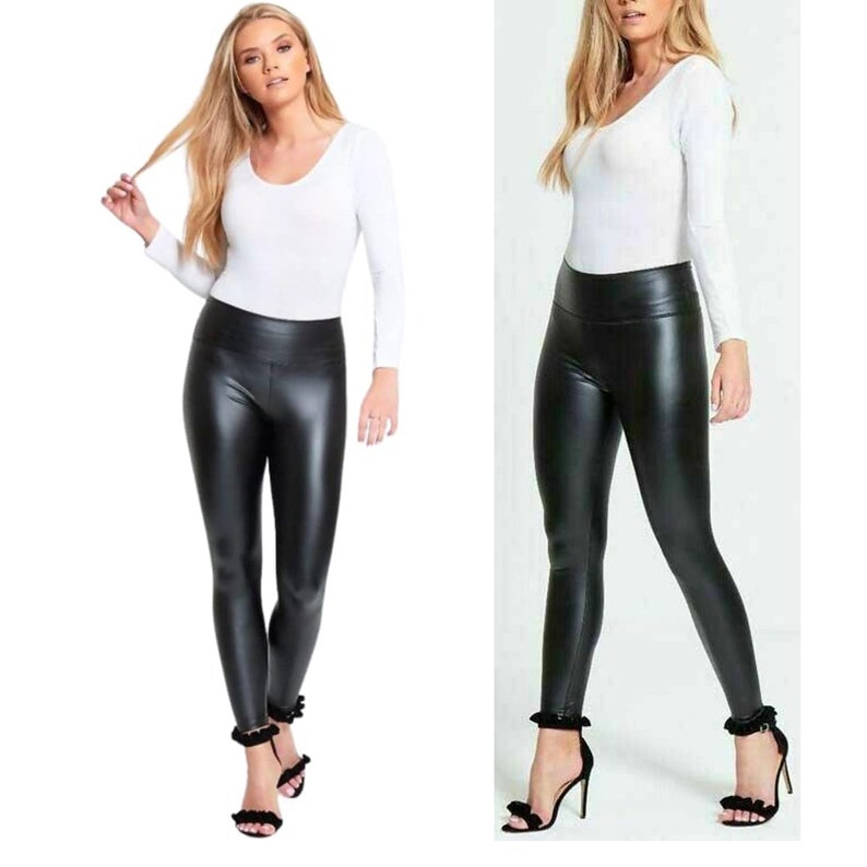 Ladies Wet Look Pu Faux Leather High Waist Leggings Stretchy Biker