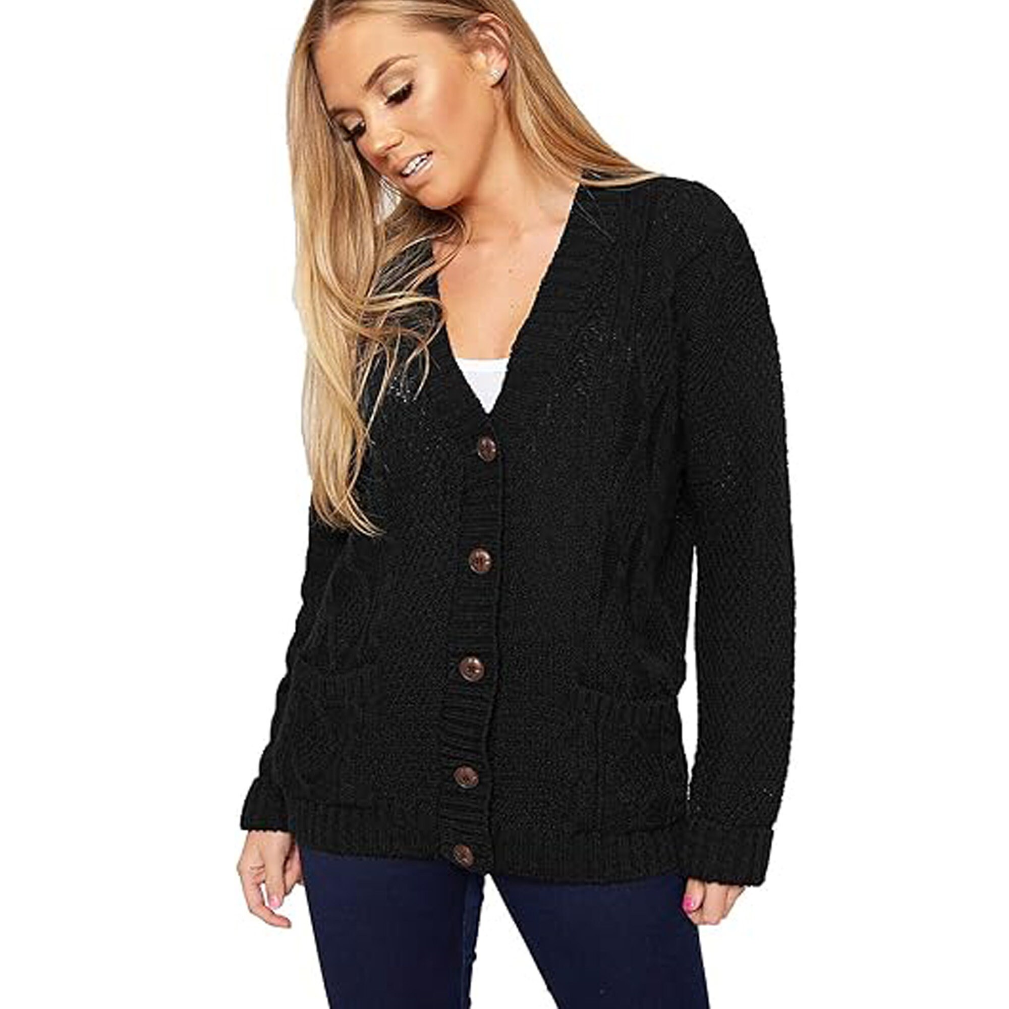 Women's Ladies Chunky Cable Knit Button Cardigan Long Sleeves Grandad ...
