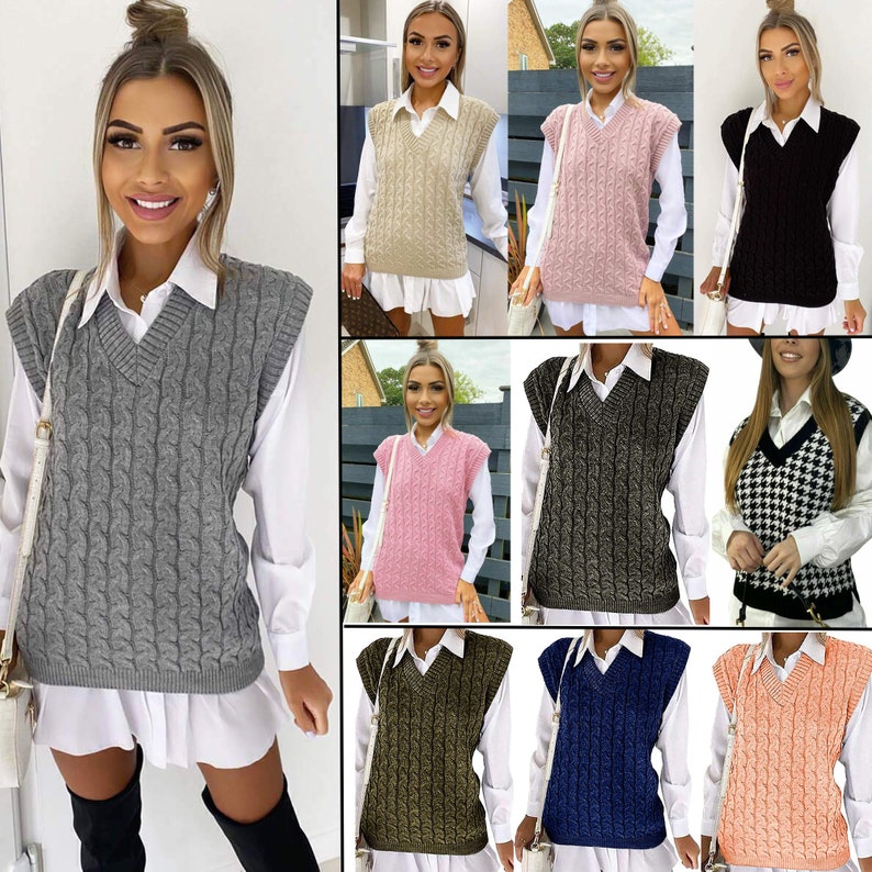 Womens Ladies Cable Knit Sleeveless Vest Knitted Jumper Tank Top Winter ...