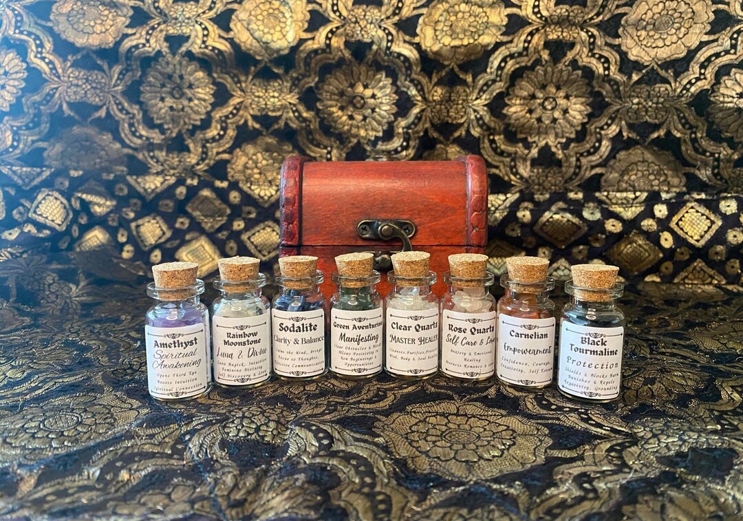 Crystal Chip Spell Bottle Apothecary Set, Altar Chest, Witchcraft ...