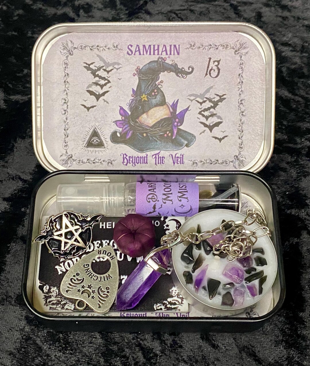 Halloween Samhain Witches Altar Tin, Pendulum Crystal Witchcraft Tin ...