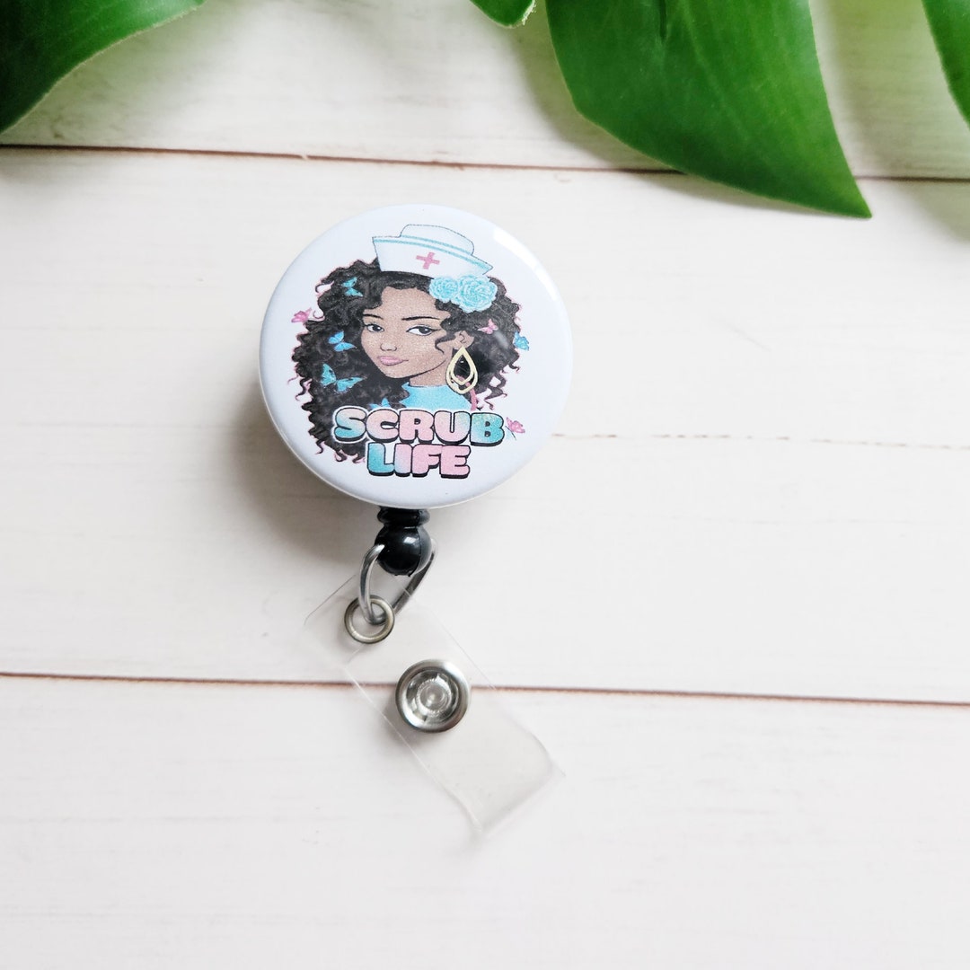 Scrub Life Black Women Nurse Badge Reel, Velcro Swappable Toppers ...