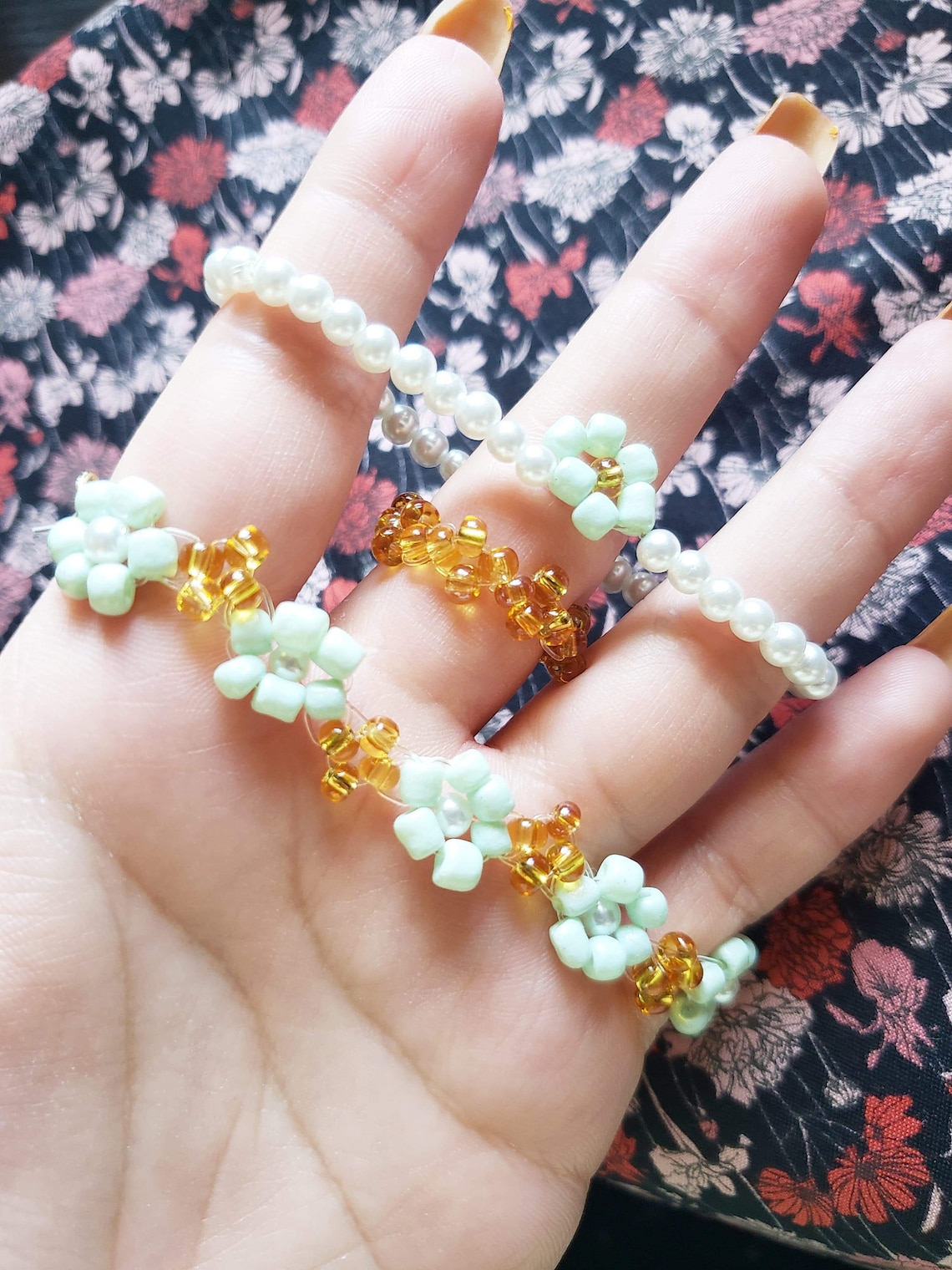 Mint Pearl and Gold Daisy Chain Double Bracelet and Ring | Etsy