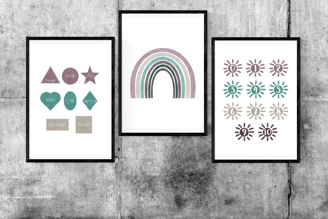 Watercolor Rainbow, Shapes, Numbers Nursery Wall Art Prints (digital ...