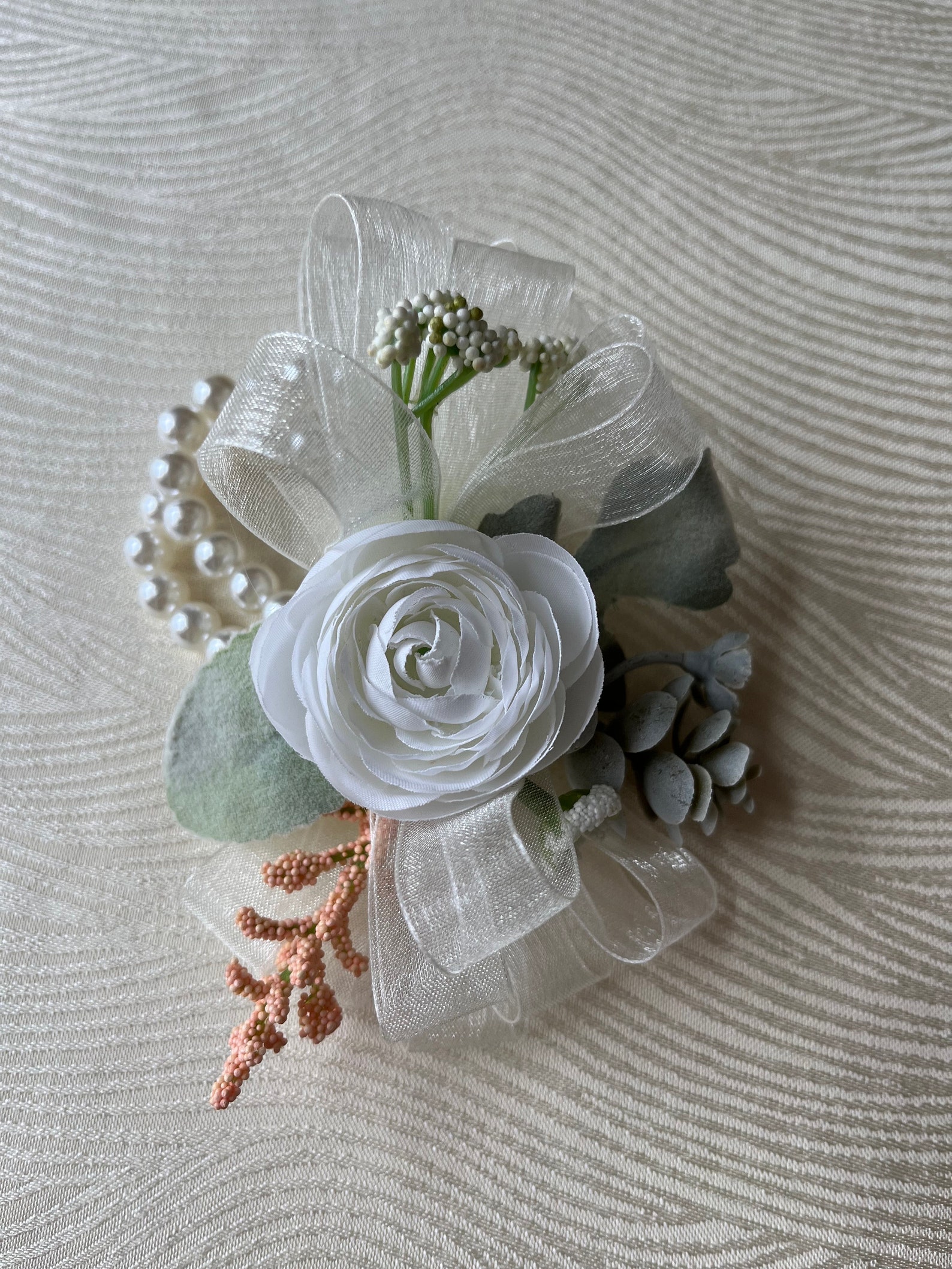 Wrist Corsage, Pinned Peach Corsages, Pink, Boho, Wedding, Pearl ...