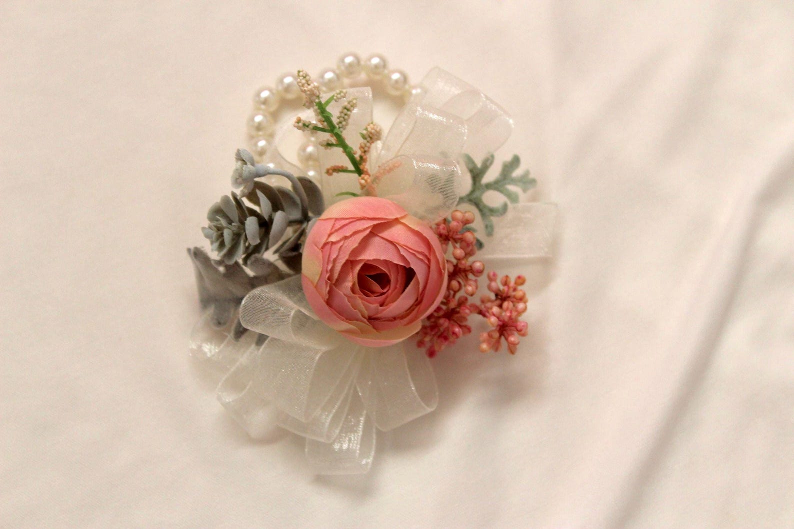 Wrist Corsage, Pinned Peach Corsages, Pink, Boho, Wedding, Pearl ...