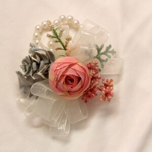 Wrist Corsage, Pinned Peach Corsages, Pink, Boho, Wedding, Pearl ...