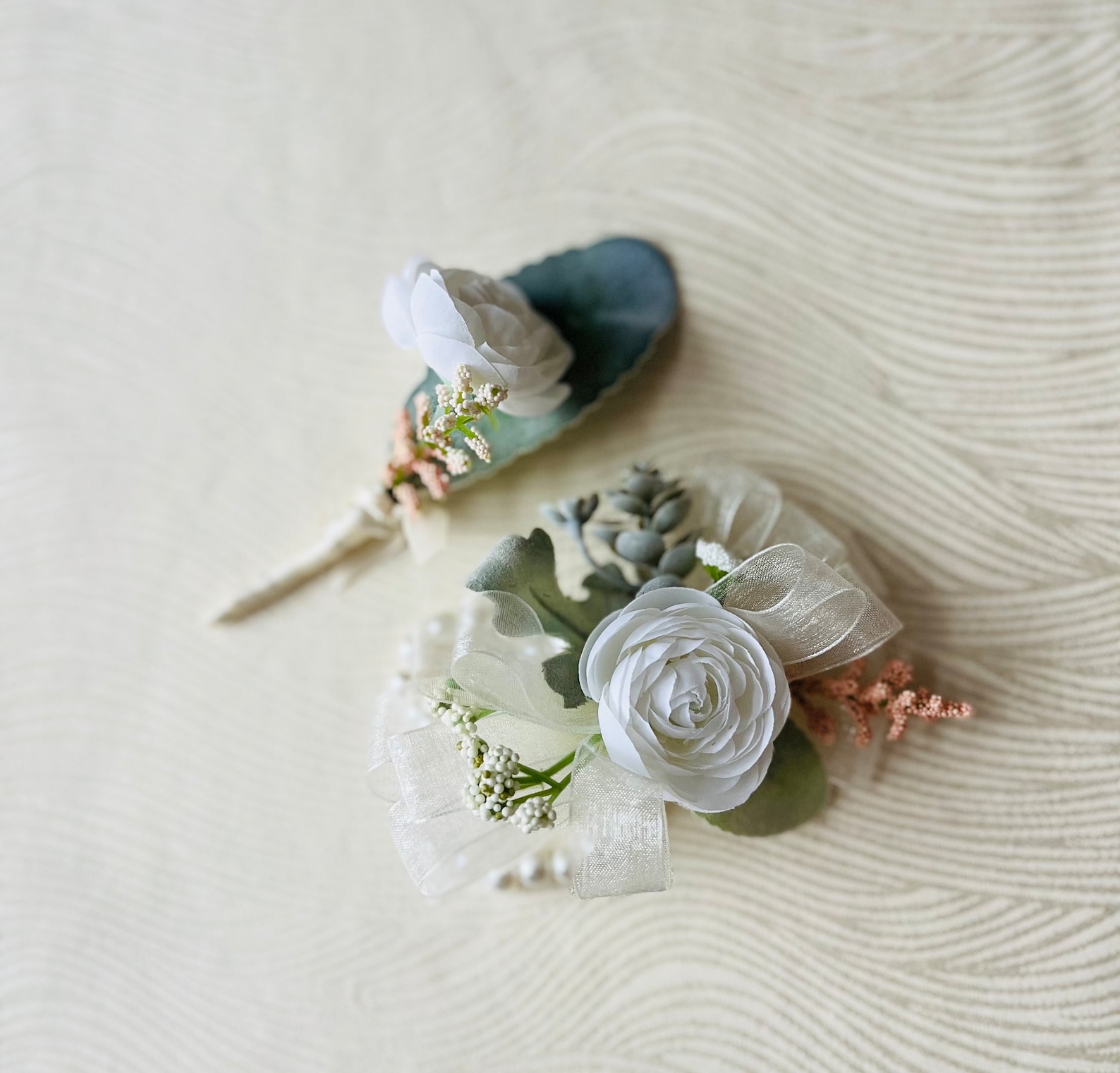 Wrist Corsage, Pinned Peach Corsages, Pink, Boho, Wedding, Pearl ...