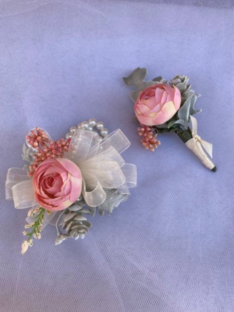 Wrist Corsage, Pinned Peach Corsages, Pink, Boho, Wedding, Pearl ...