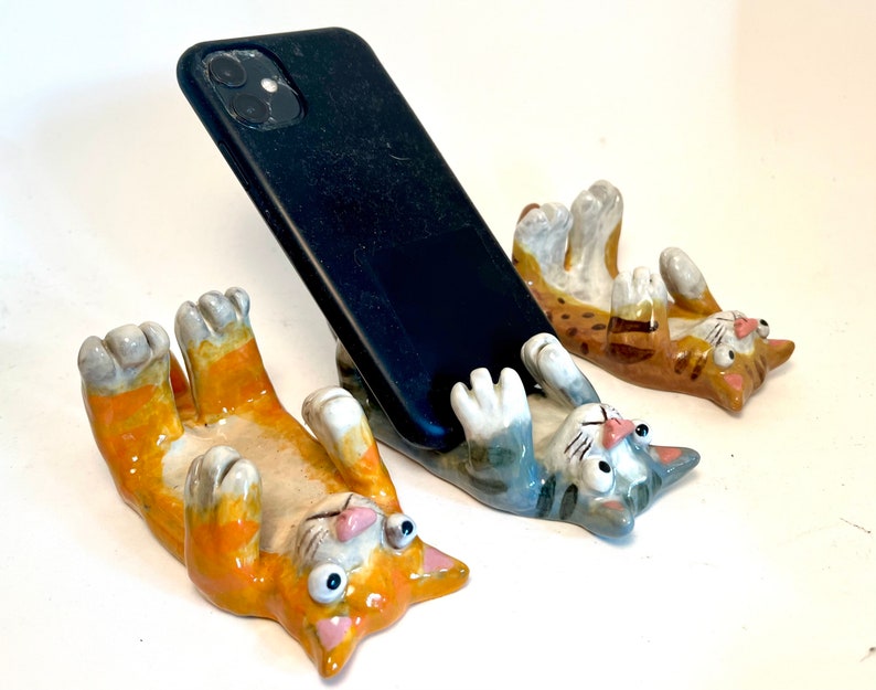 Handmade Ceramic Cat Phone Holder/phone Stand: Holds Cellphone Sponge ...