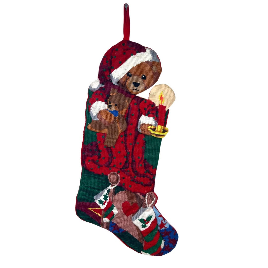 Vintage Needlepoint Christmas Stocking Teddy Bear Handmade - Etsy