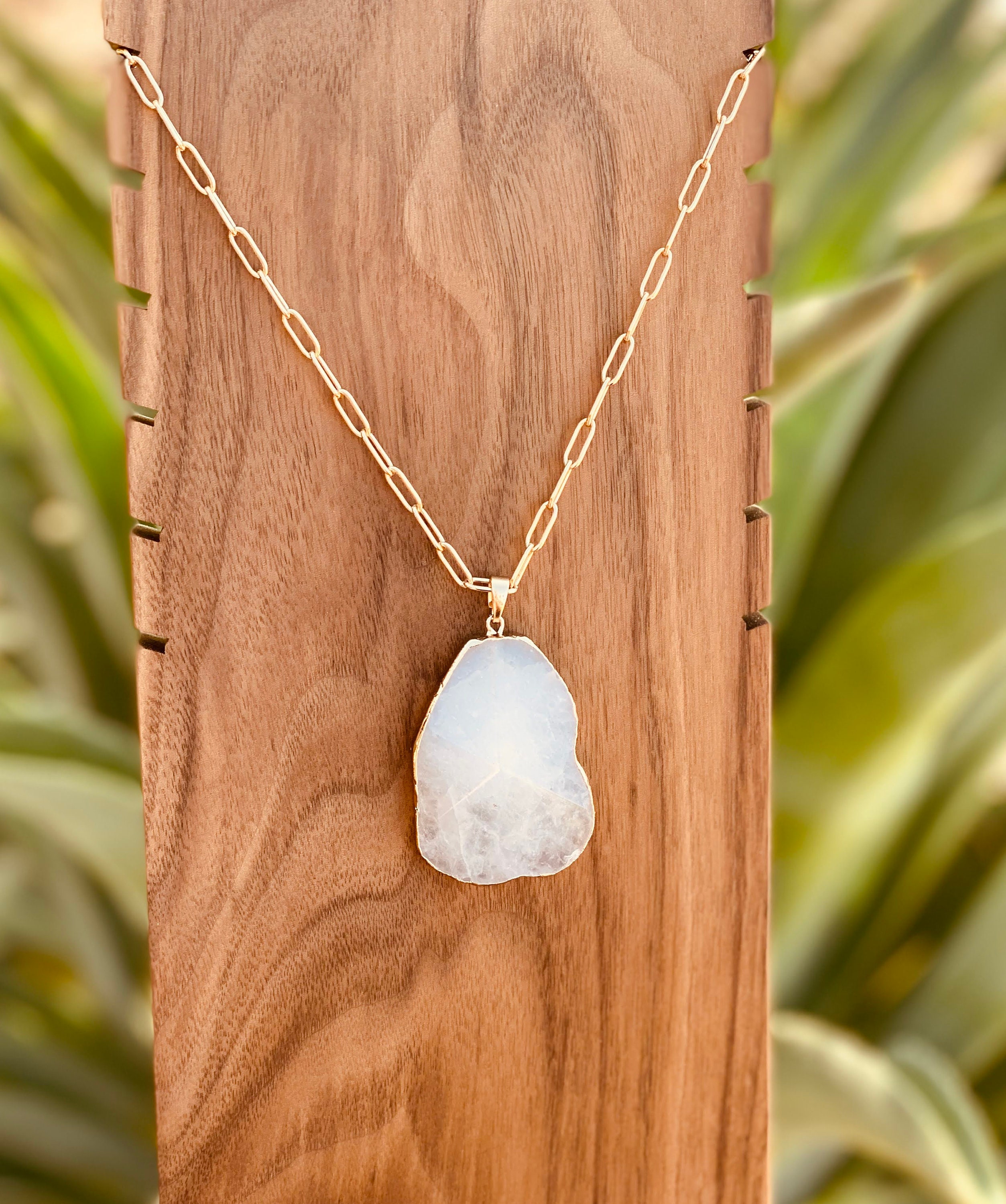 Large White Quartz Stone Pendant Necklace 14K Gold Plated or 14K Gold Filled Paperclip Gold Chain Oversized Quartz Natural Stone