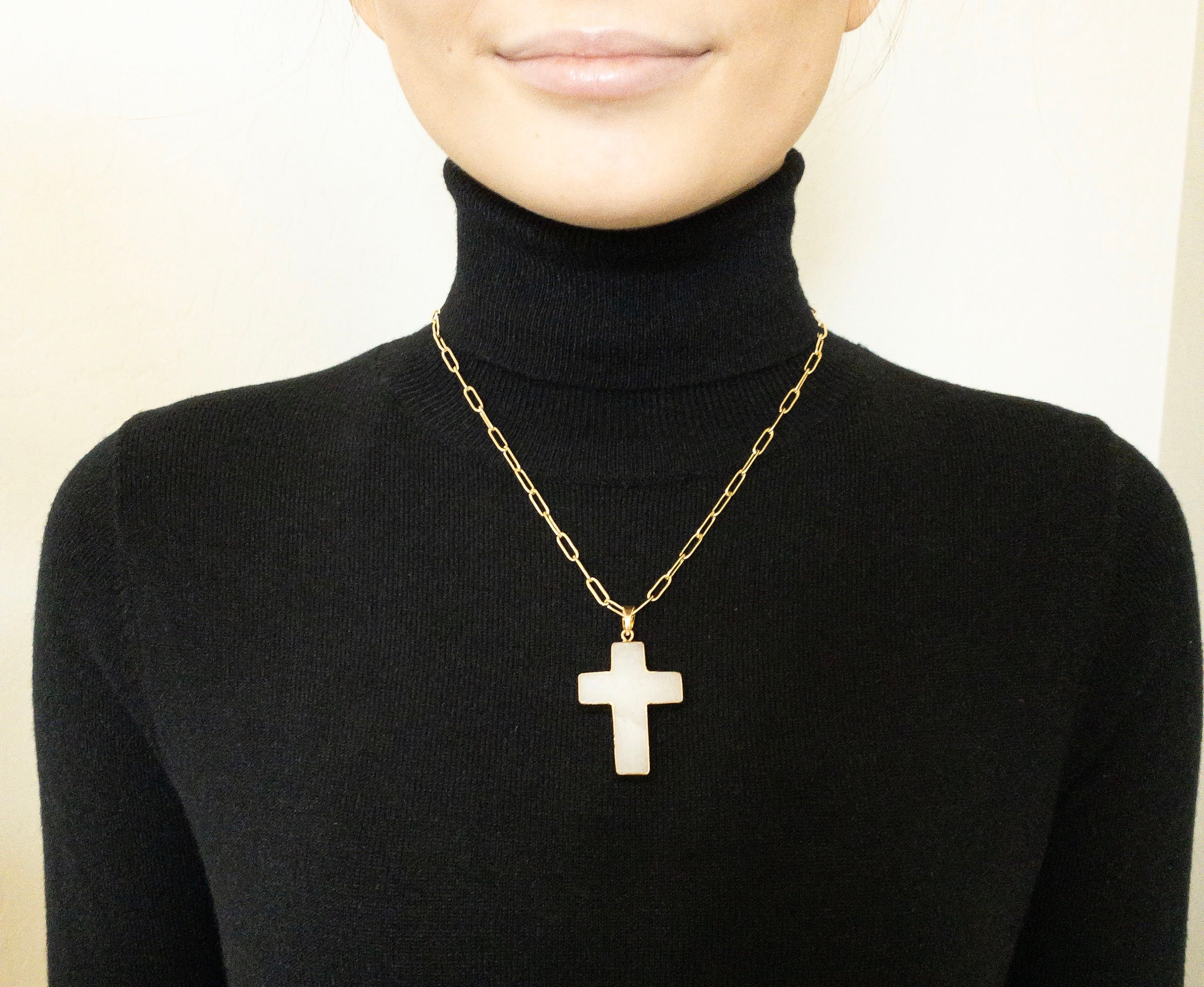 Large Quartz Cross Pendant Necklace 14K Gold Plated Paperclip ...