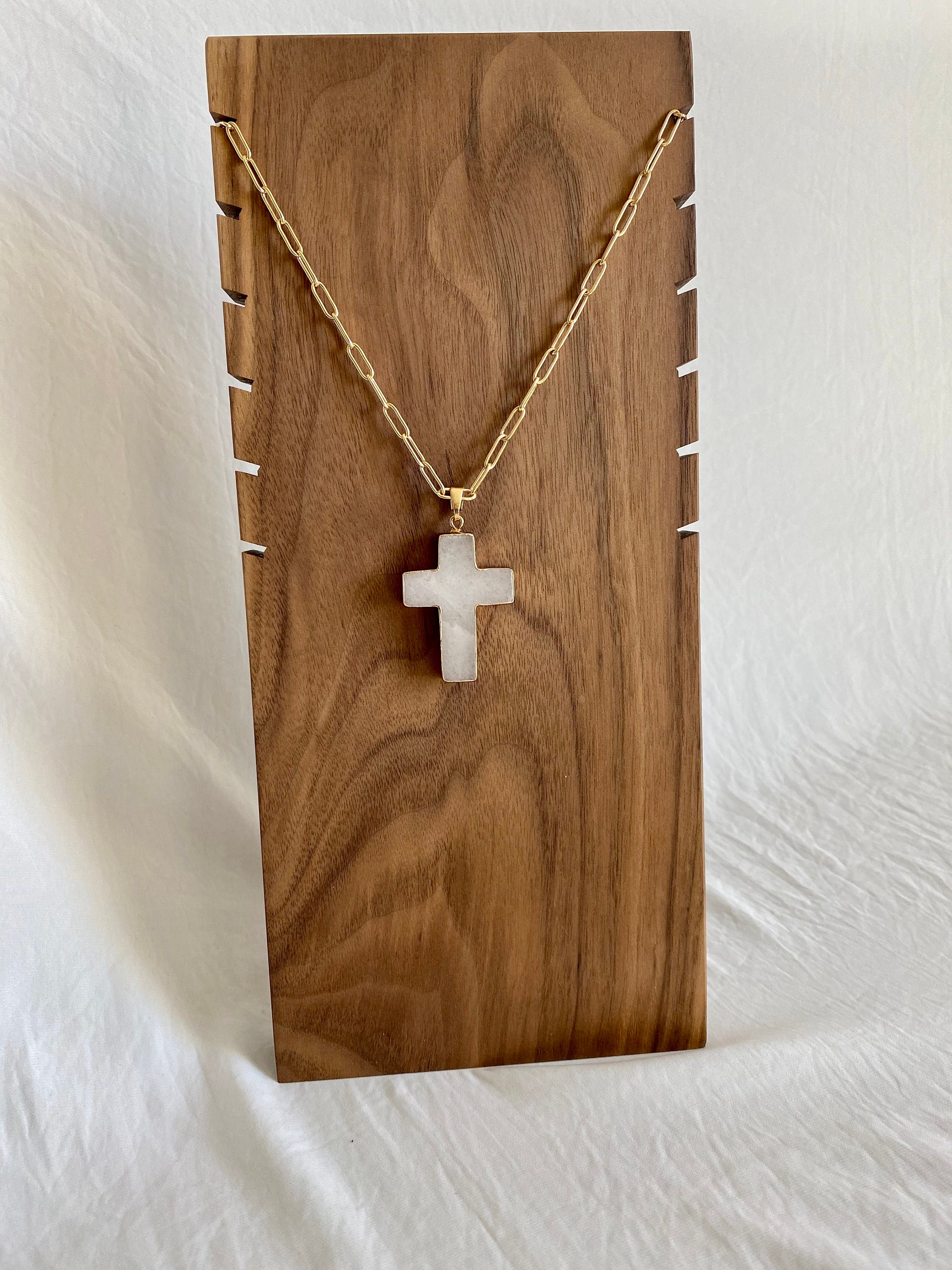 Large Quartz Cross Pendant Necklace 14K Gold Plated | Etsy