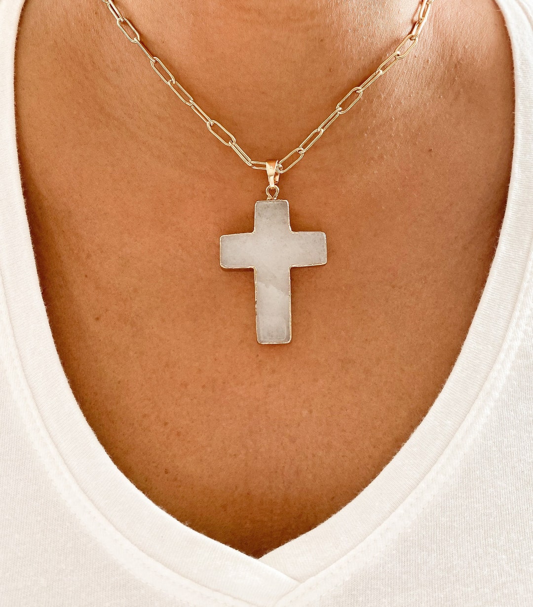 Large Quartz Cross Pendant Necklace | 14K Gold Plated Paperclip ...