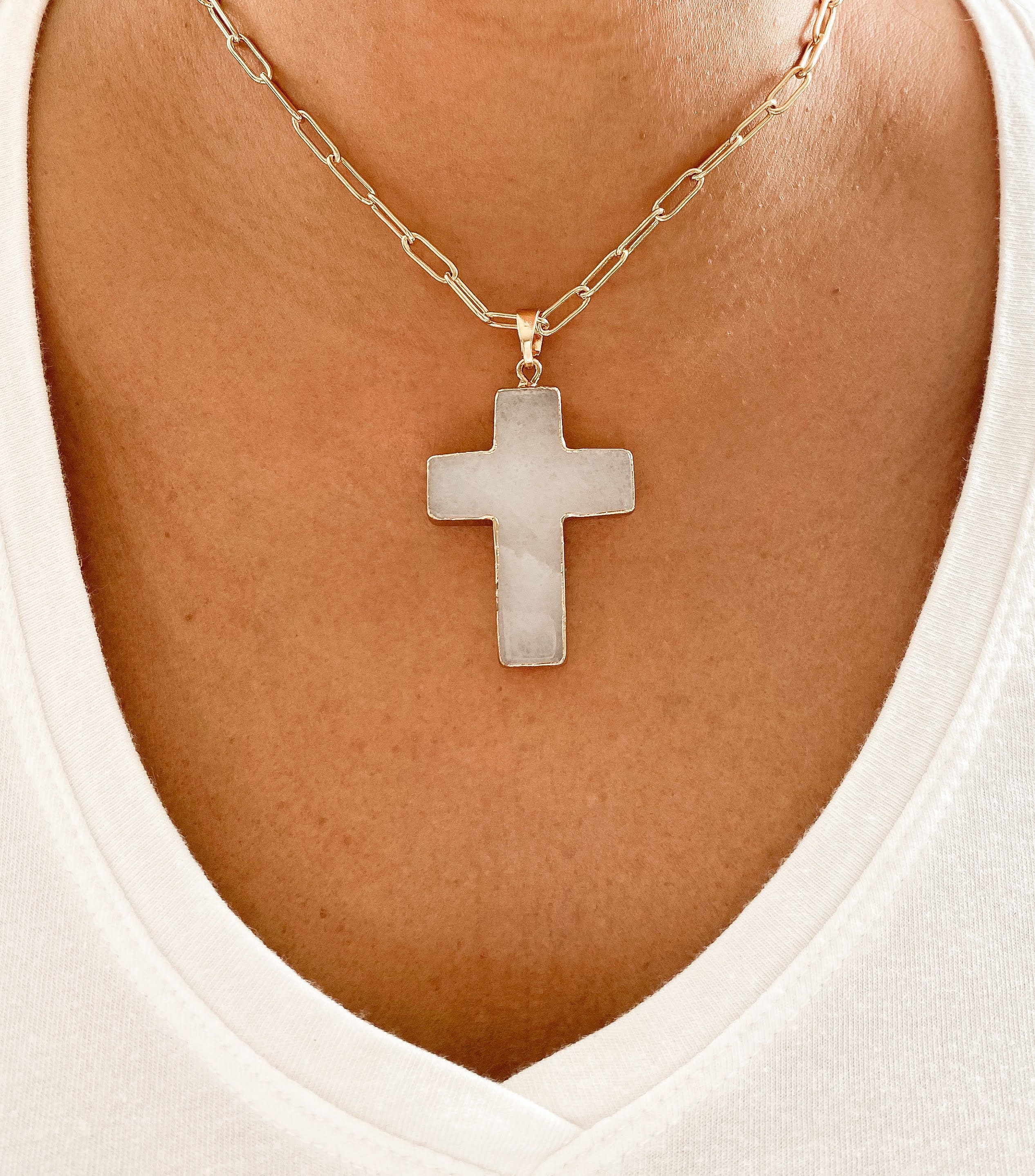 Large Quartz Cross Pendant Necklace 14K Gold Plated Paperclip ...
