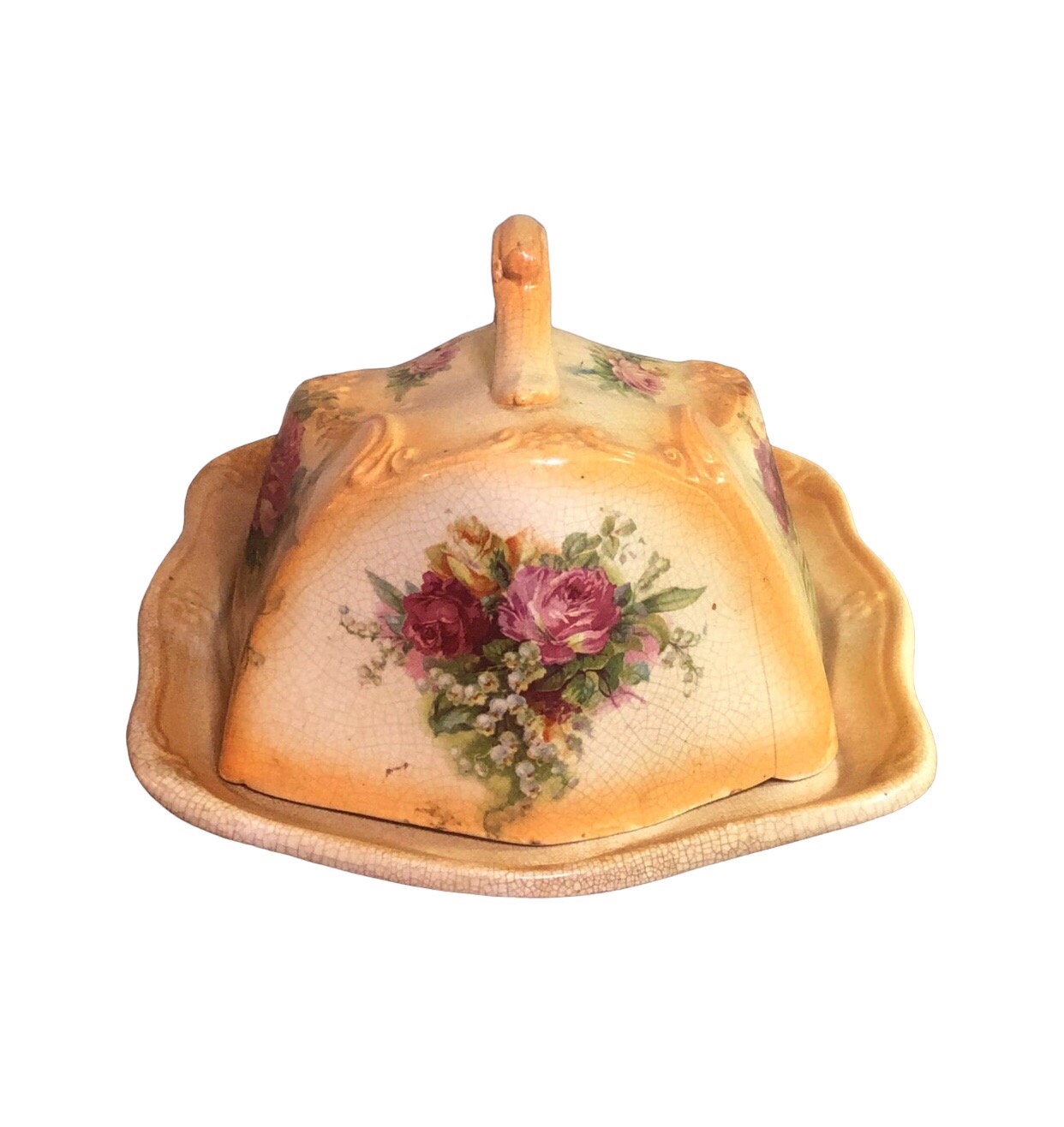 Antique Porcelain Cheese Dish/server, Yellow With Orange and Red ...