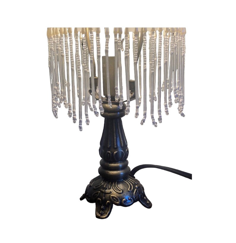 Stunning Vintage Fringe Beaded Lamp Frosted Glass Table Lamp Victorian ...