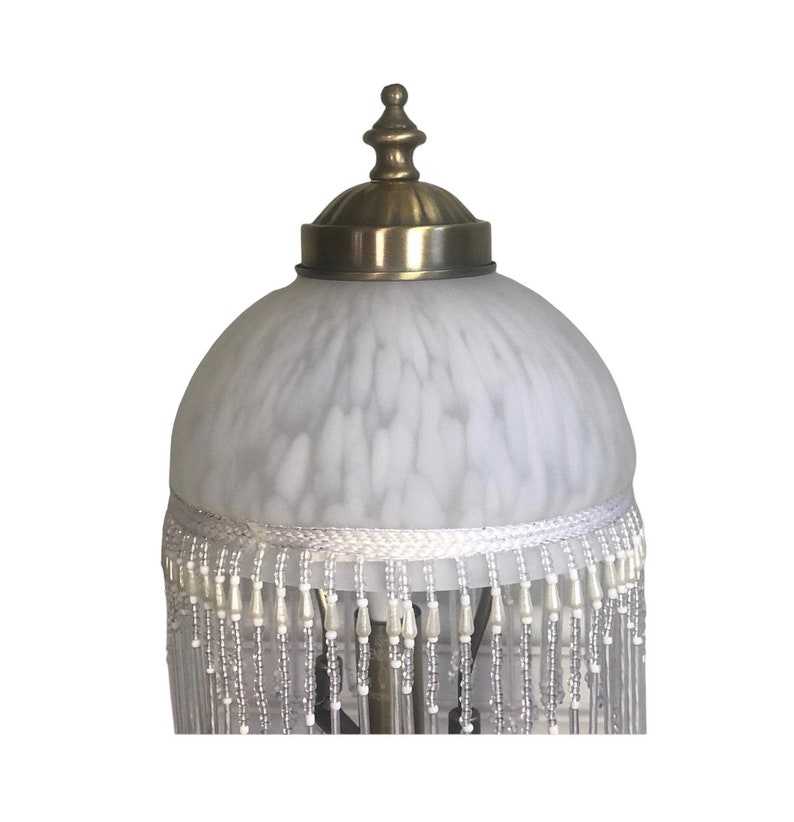 Stunning Vintage Fringe Beaded Lamp Frosted Glass Table Lamp Victorian ...