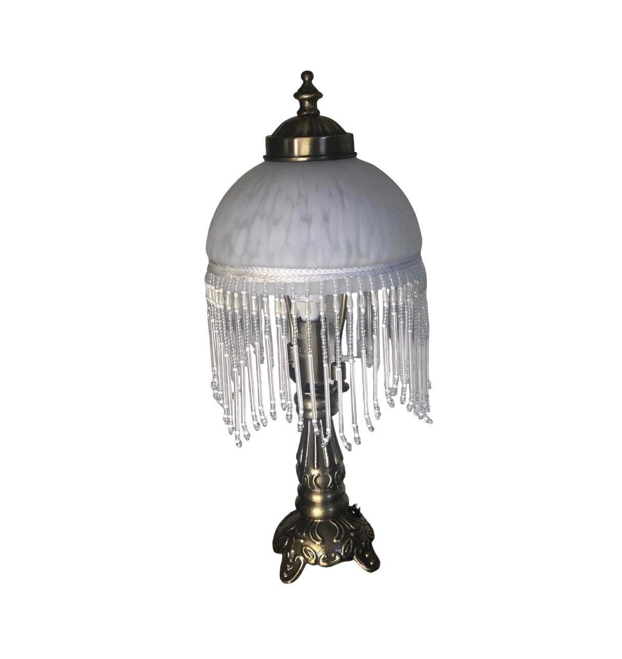 Stunning Vintage Fringe Beaded Lamp Frosted Glass Table Lamp Victorian ...