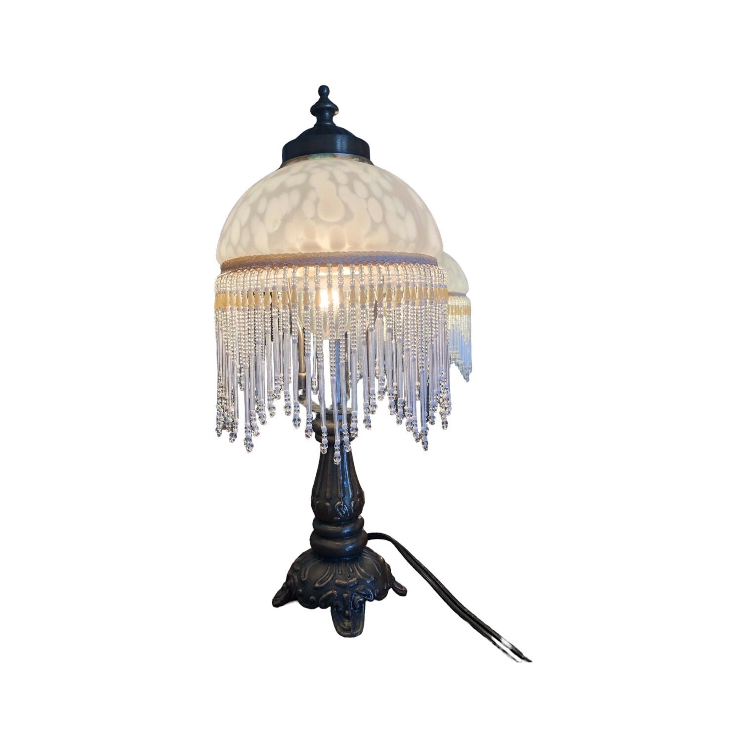 Stunning Vintage Fringe Beaded Lamp Frosted Glass Table Lamp Victorian ...