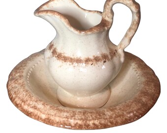 Vintage Ceramic Wash Pitcher and Basin in White and Blue, Raised Design ...