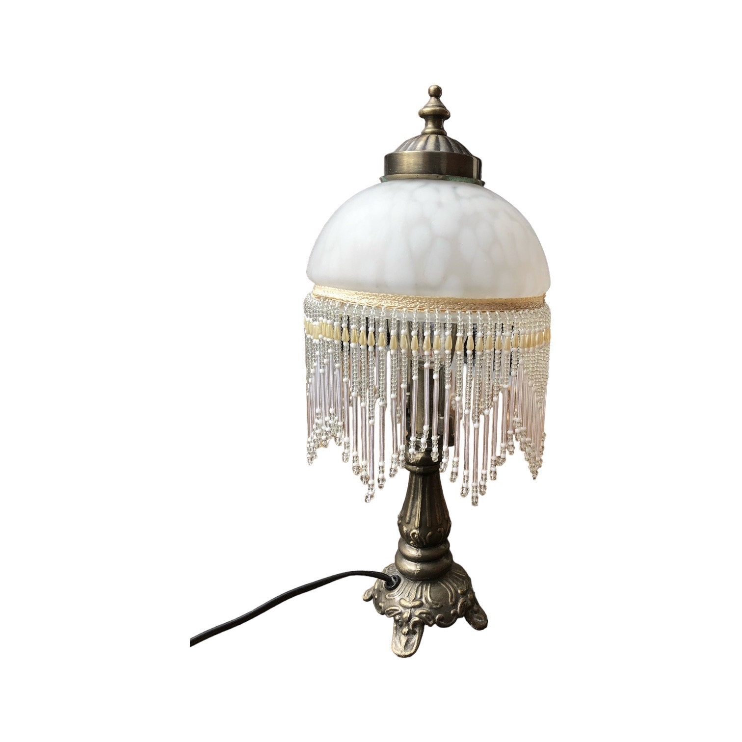 Stunning Vintage Fringe Beaded Lamp Frosted Glass Table Lamp Victorian ...