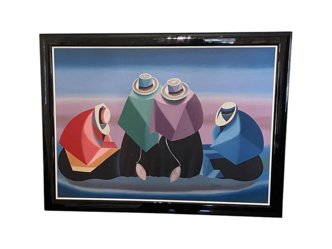 Signed Latin American Art Cubism Naif Folk Art Painting Peru Mexico ...