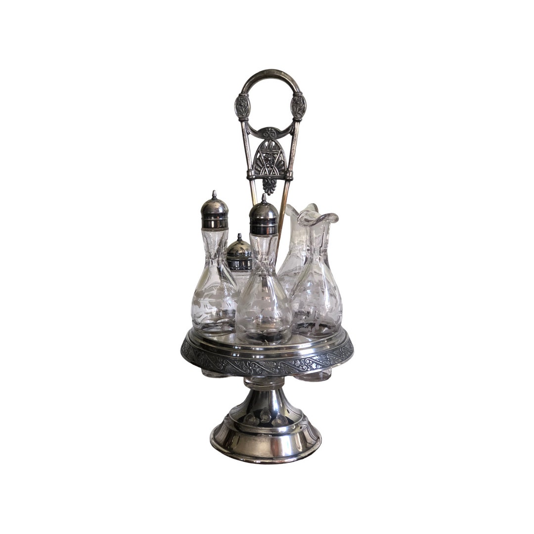 Antique Victorian Silver Plate Caddy Cruet Condiment Cut Glass 5 Bottle ...
