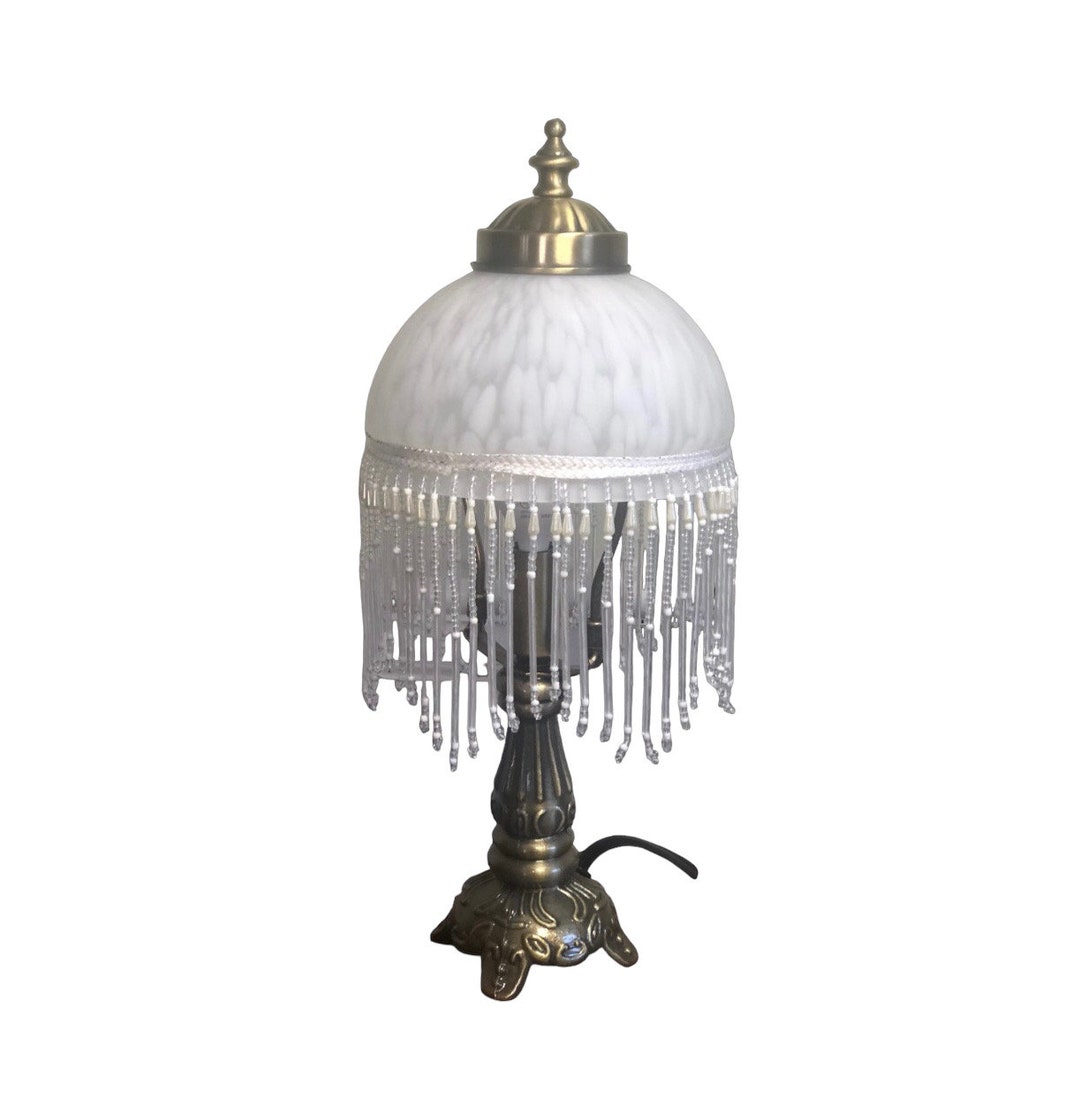 Stunning Vintage Fringe Beaded Lamp Frosted Glass Table Lamp Victorian ...