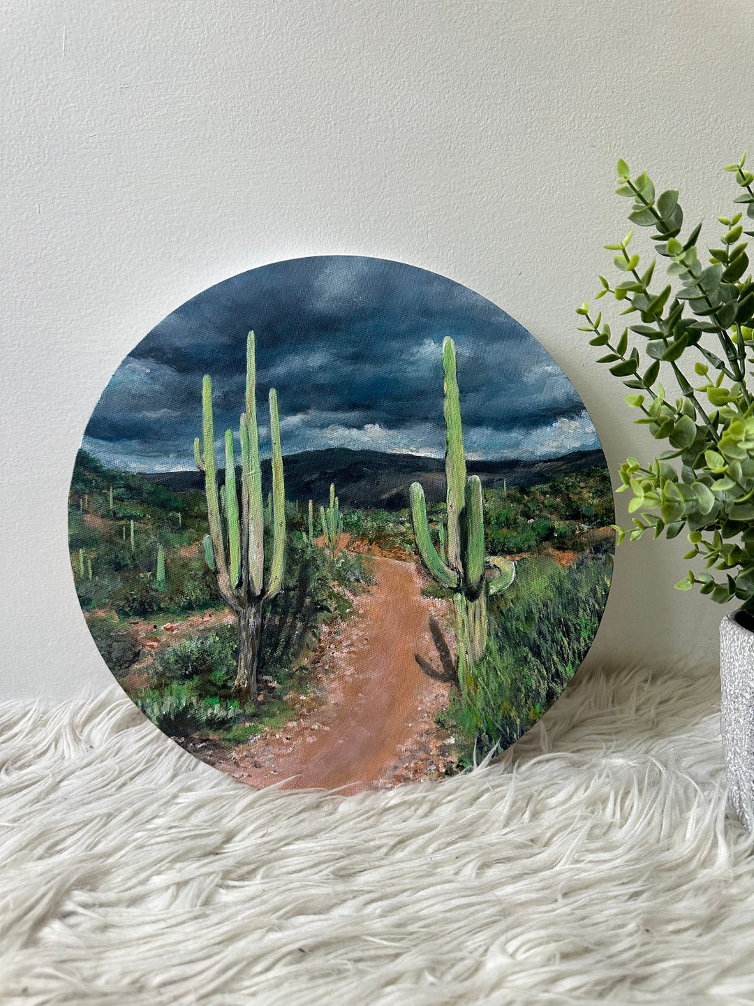 Cacti Corridor Original Acrylic Painting 14x14 Round Canvas Etsy