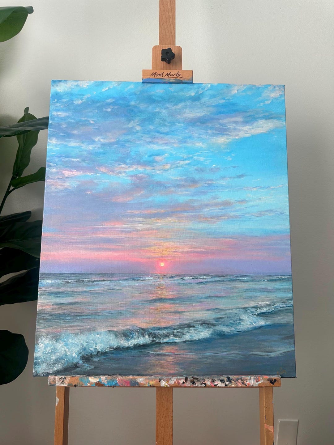 Blushing Tide – Original 20x24 Sunset Ocean Painting With Dreamy Skies ...