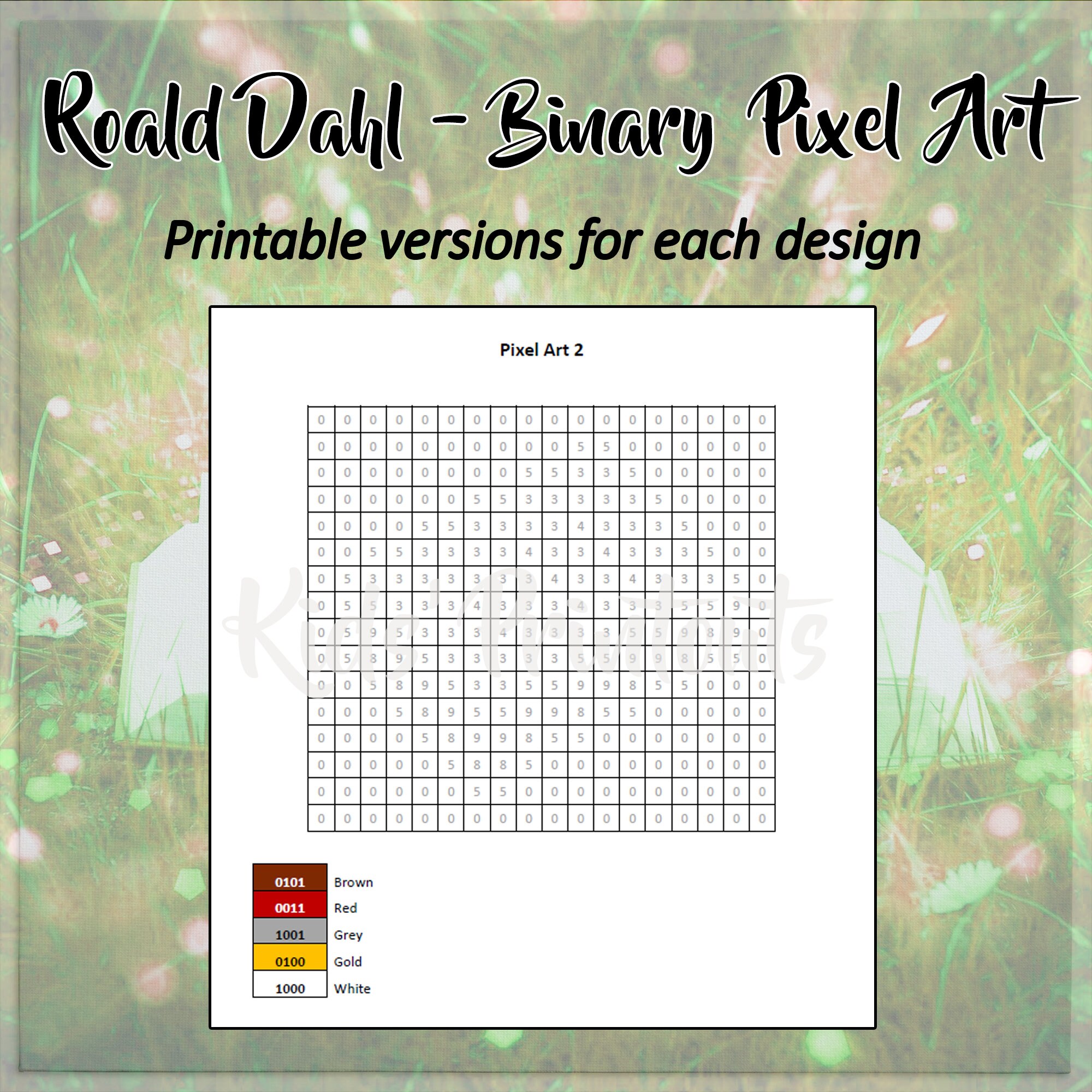 Roald Dahl Binary Pixel Art Spreadsheet Printable Activity Instructions ...