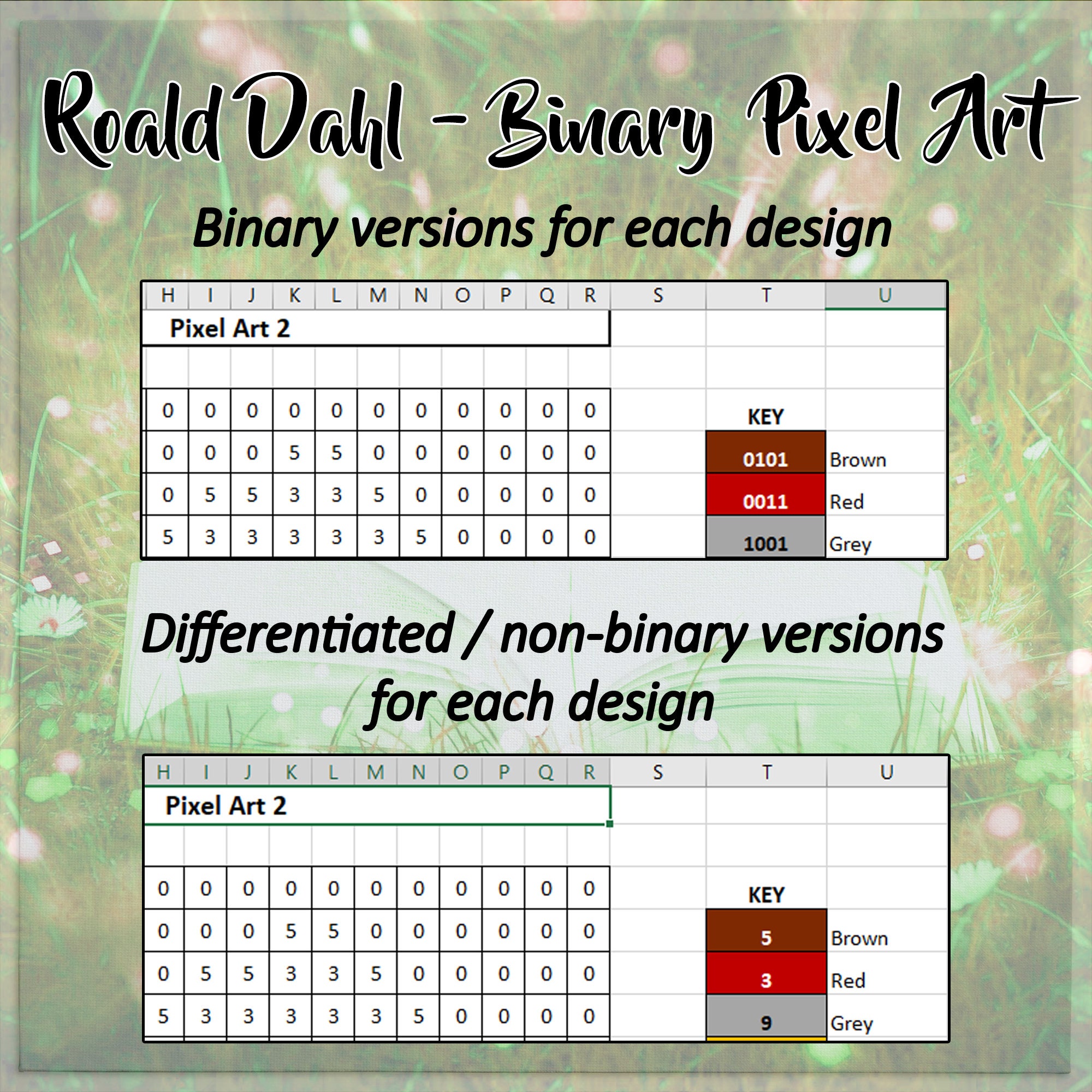 Roald Dahl Binary Pixel Art Spreadsheet Printable Activity Instructions ...
