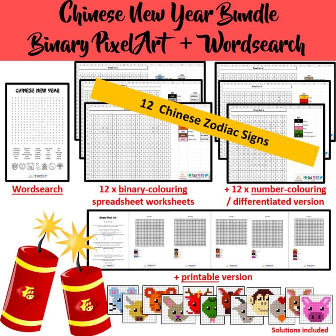 Chinese New Year Binary Pixel Art - Spreadsheet - Printable - Activity ...