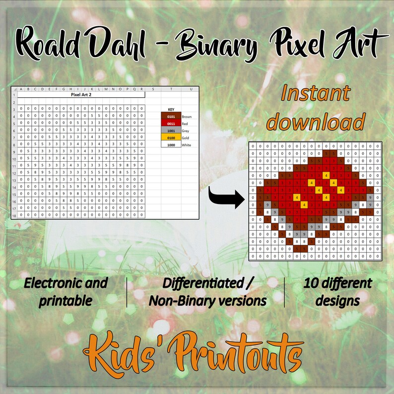 Roald Dahl Binary Pixel Art - Spreadsheet - Printable - Activity ...