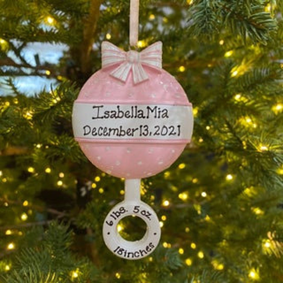Baby Rattle Ornament Pink Girl Babys First Christmas Ornament Custom ...
