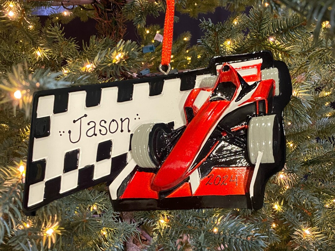 Race Car Red Indy Car Ornament With Large Checkered Flag Red Sports Car ...