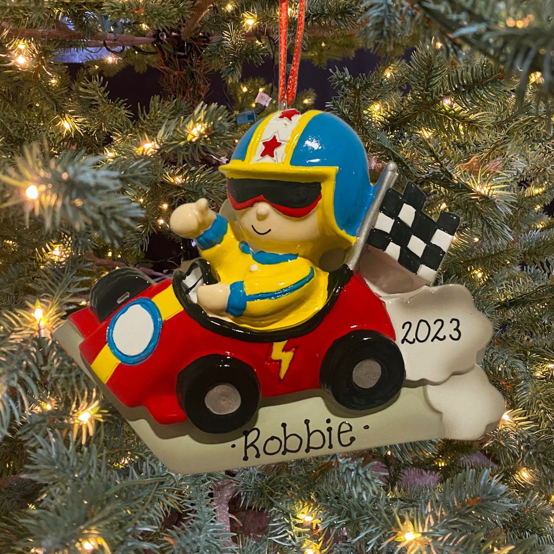 New Personalized Red Race Car Ornament on Track With Checkered Flag Red ...