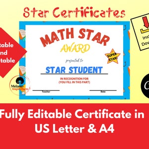 Editable School Certificates Superstar Awards Class Awards Math ...