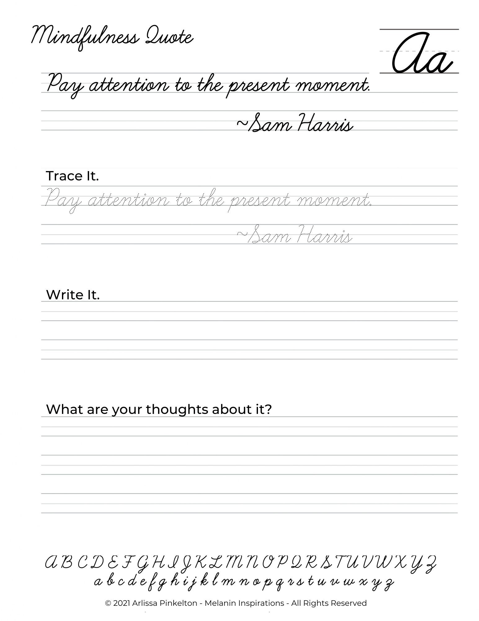Cursive Handwriting Printable Worksheets 40 Mindfulness Quotes - Etsy
